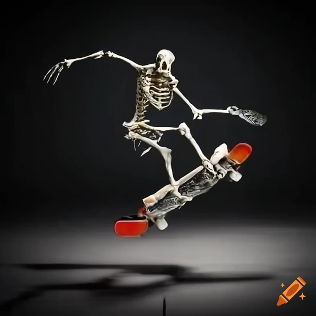 Skeleton performing a kickflip on a skateboard on Craiyon