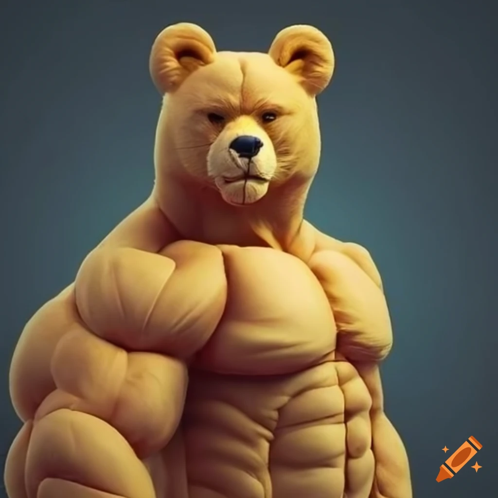 Muscular bear with yellow fur and blue eyes on Craiyon