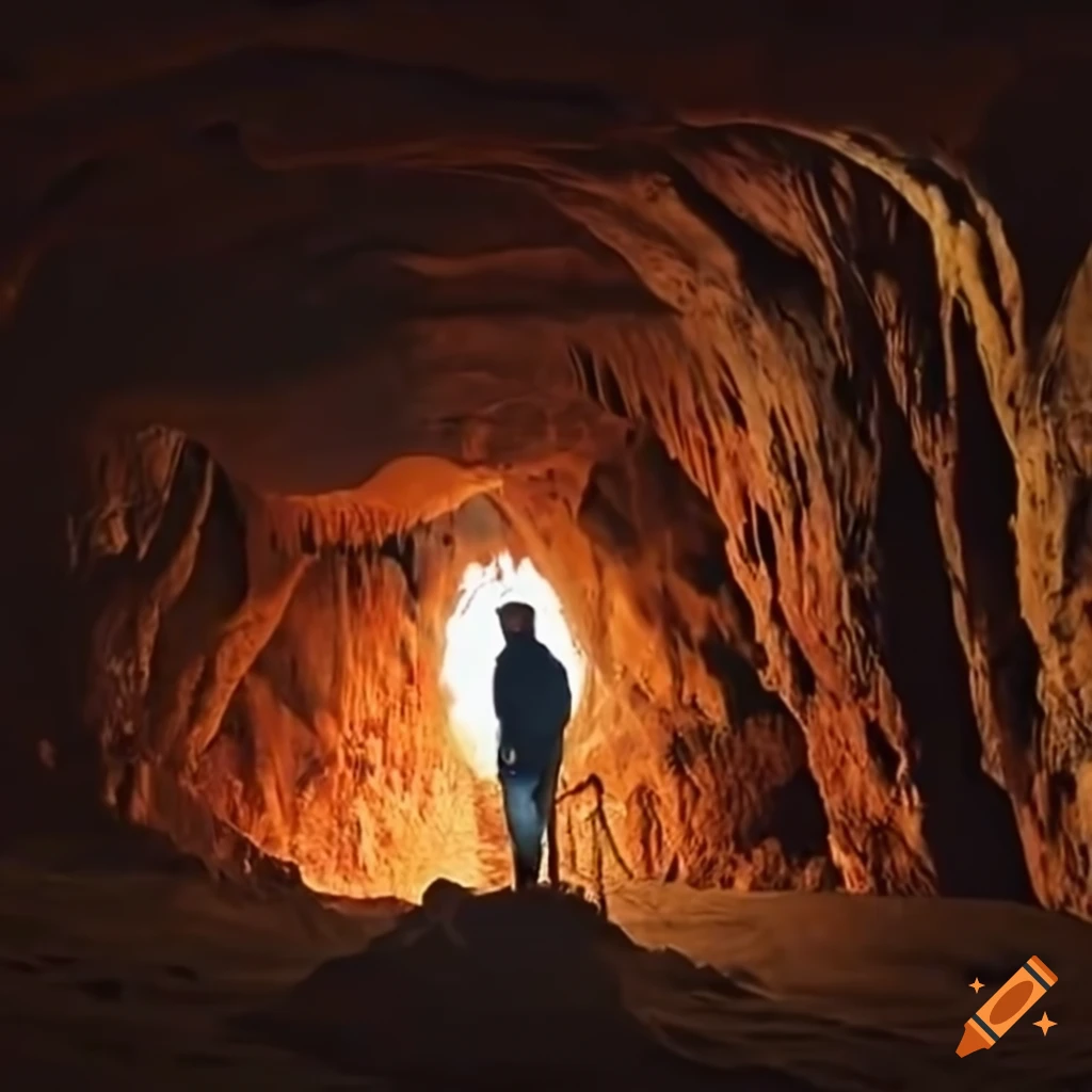 Huge caving system with human explorer on Craiyon