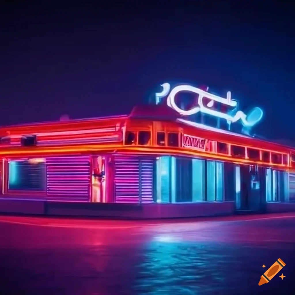 60s diner with glowing neon signs in a hazy sunset on Craiyon
