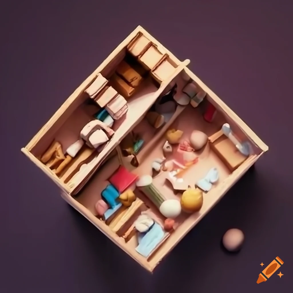 Aerial view of cluttered junk drawer in a doll house with unfamiliar ...