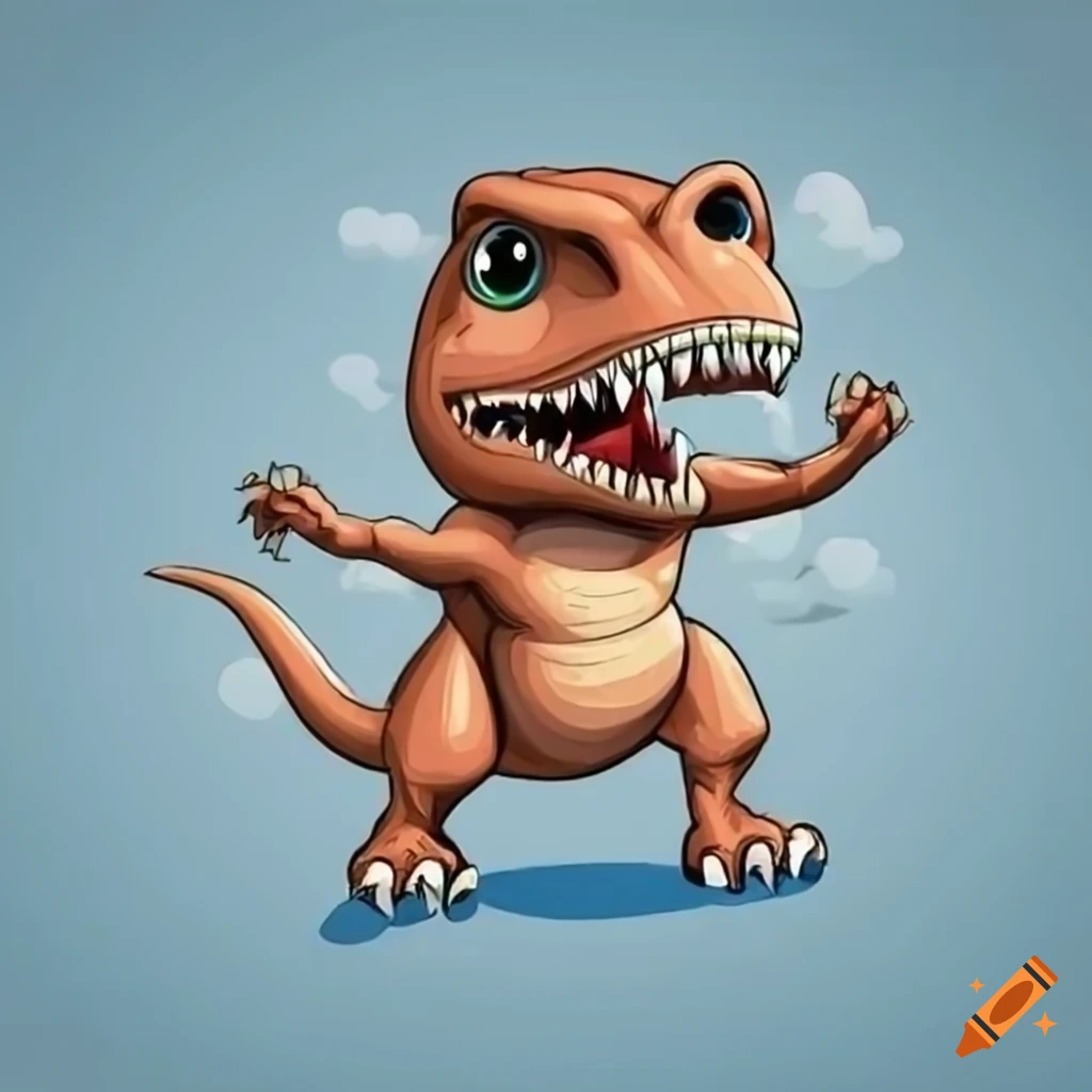 Cartoon baby t-rex with muscular arms walking on cash clouds on Craiyon