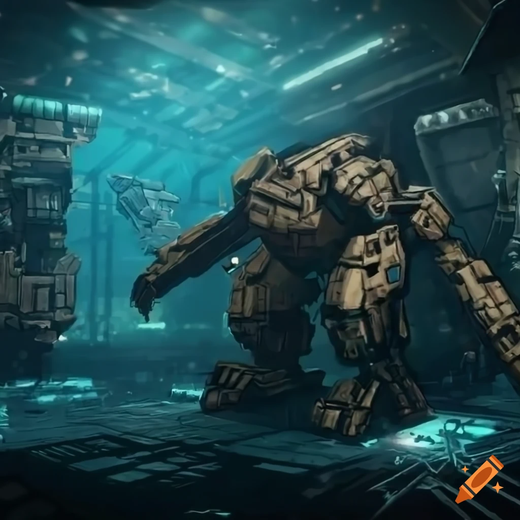 Space golem mecha in underwater hangar with crashed spaceship, detailed ...