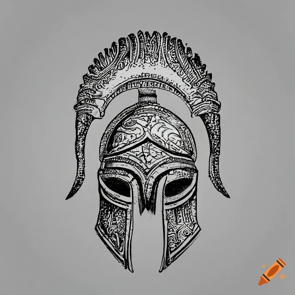 Symmetrical ancient Greek warrior helmet in pen and ink stipple drawing ...