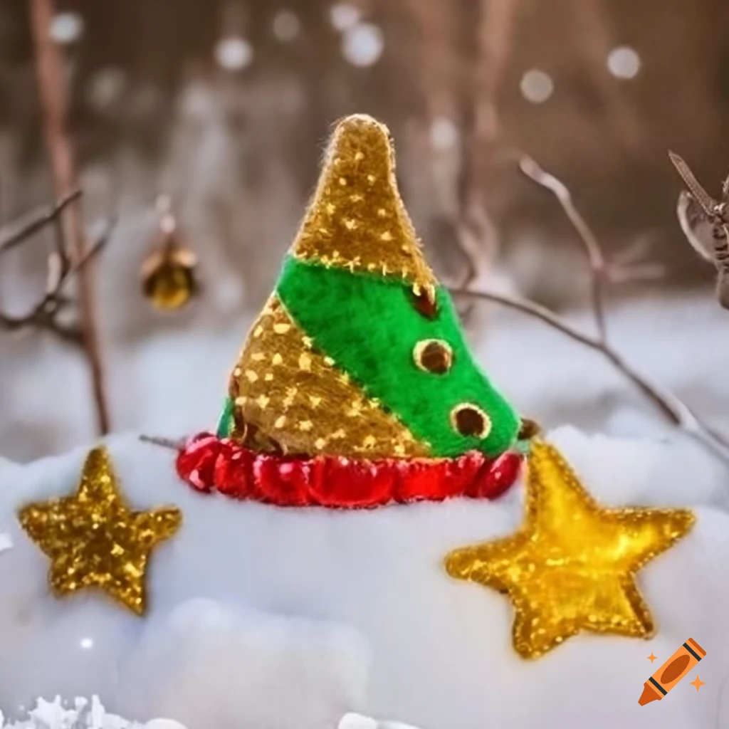 Lopsided snow-covered christmas tree hat with light bulbs and gold star ...