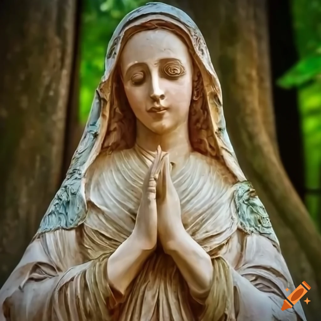 Sculpture of the virgin mother maria inside a detailed tree on Craiyon