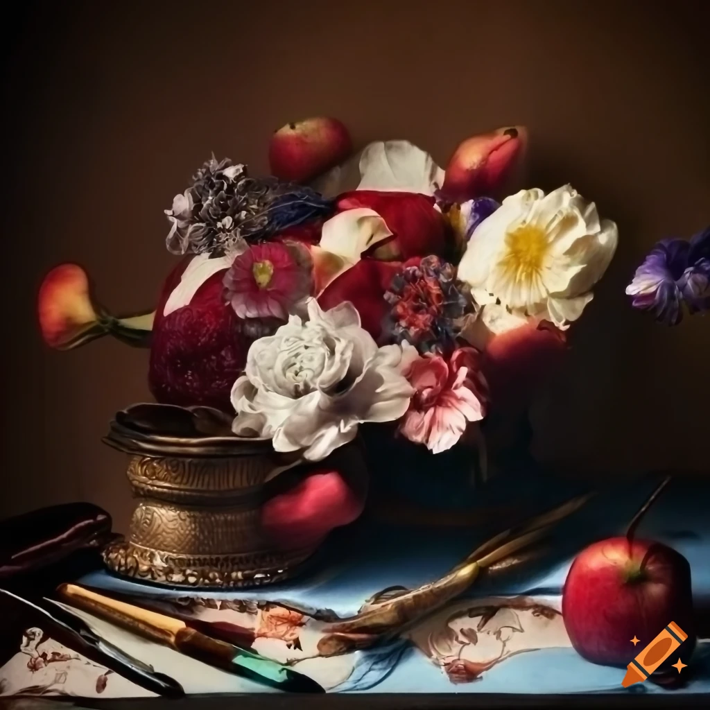 Baroque still life with flowers, paint brushes, and sliced fruit in ...