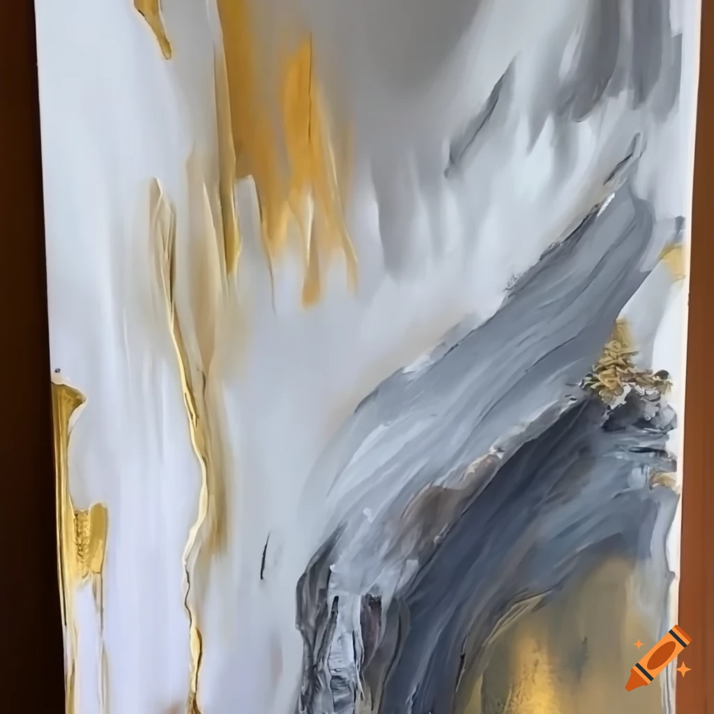 Abstract painting in white, grey, and gold for living room decor on Craiyon