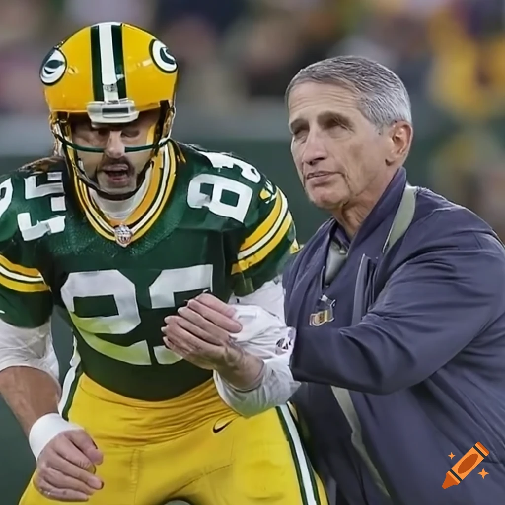 Aaron Rodgers receiving immunization from Dr. Anthony Fauci on Craiyon