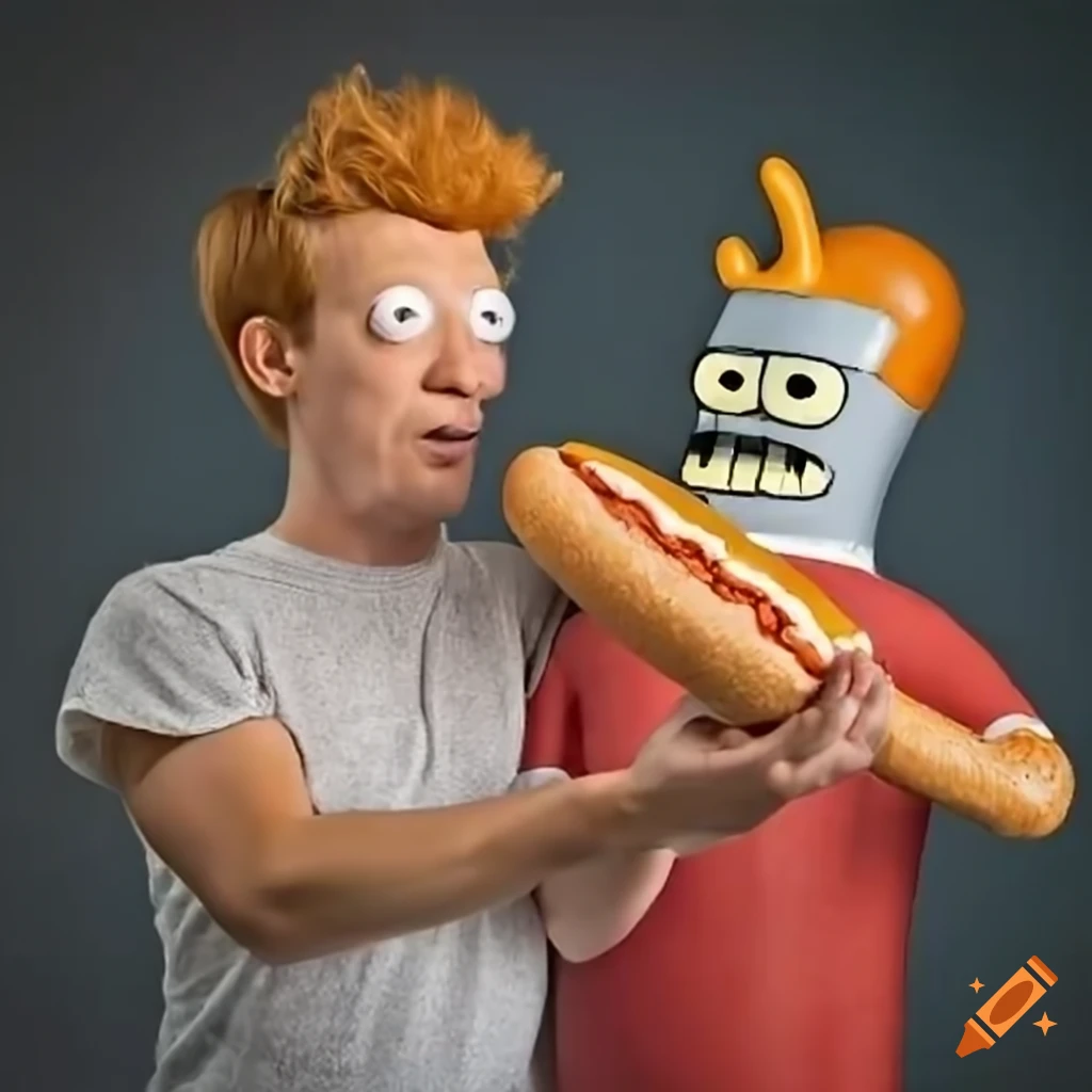 Bender and fry enjoying a hotdog on Craiyon