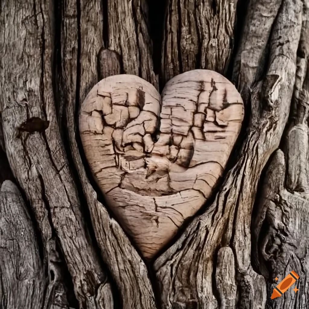 Heart carved from tree trunk with a romantic message on Craiyon