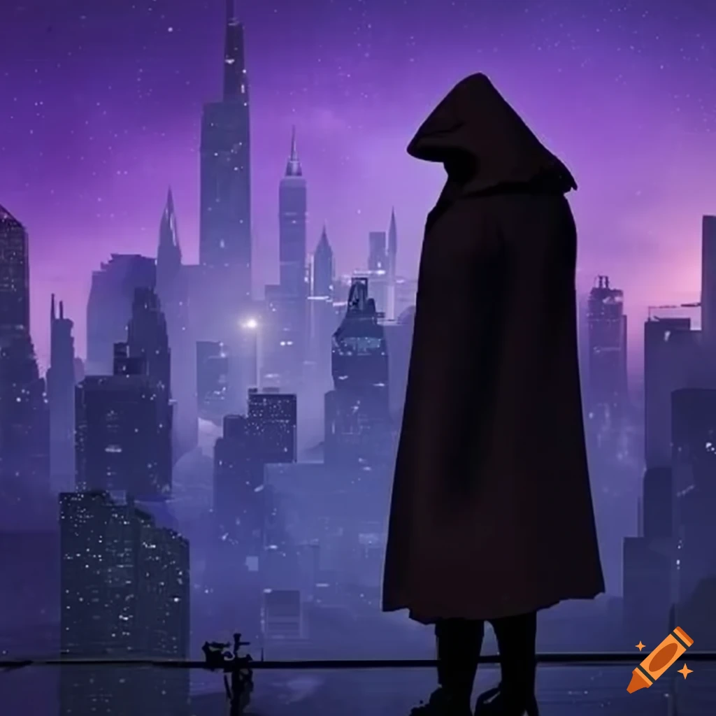 Hooded character overlooking purple-lit city skyline at night on Craiyon