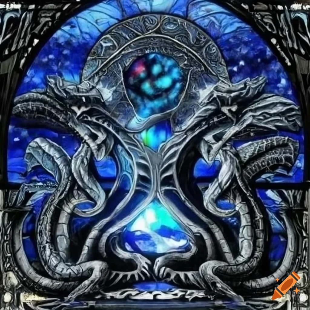Stained glass art with lovecraftian, jinmenju, and world tree themes on ...