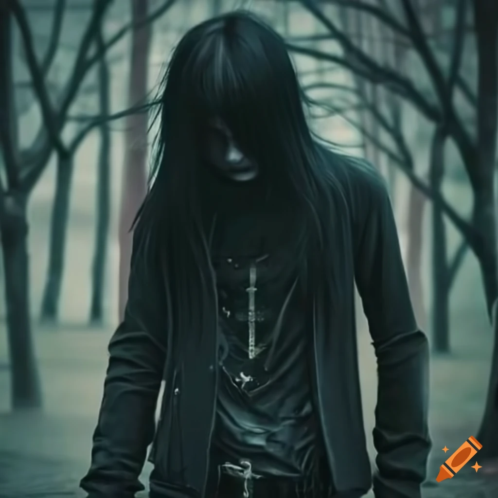 Mysterious boy with long black hair in a horror setting on Craiyon