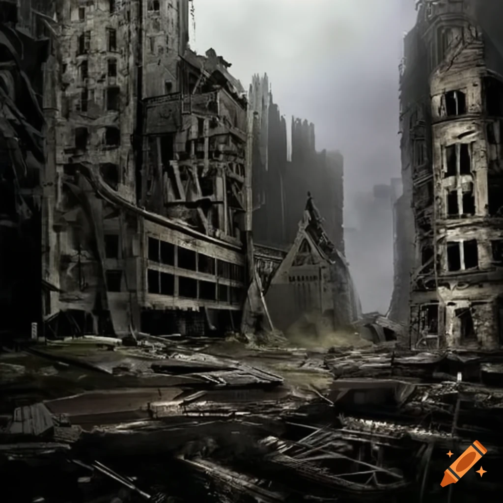 Destroyed futuristic buildings in a post-apocalyptic world on Craiyon