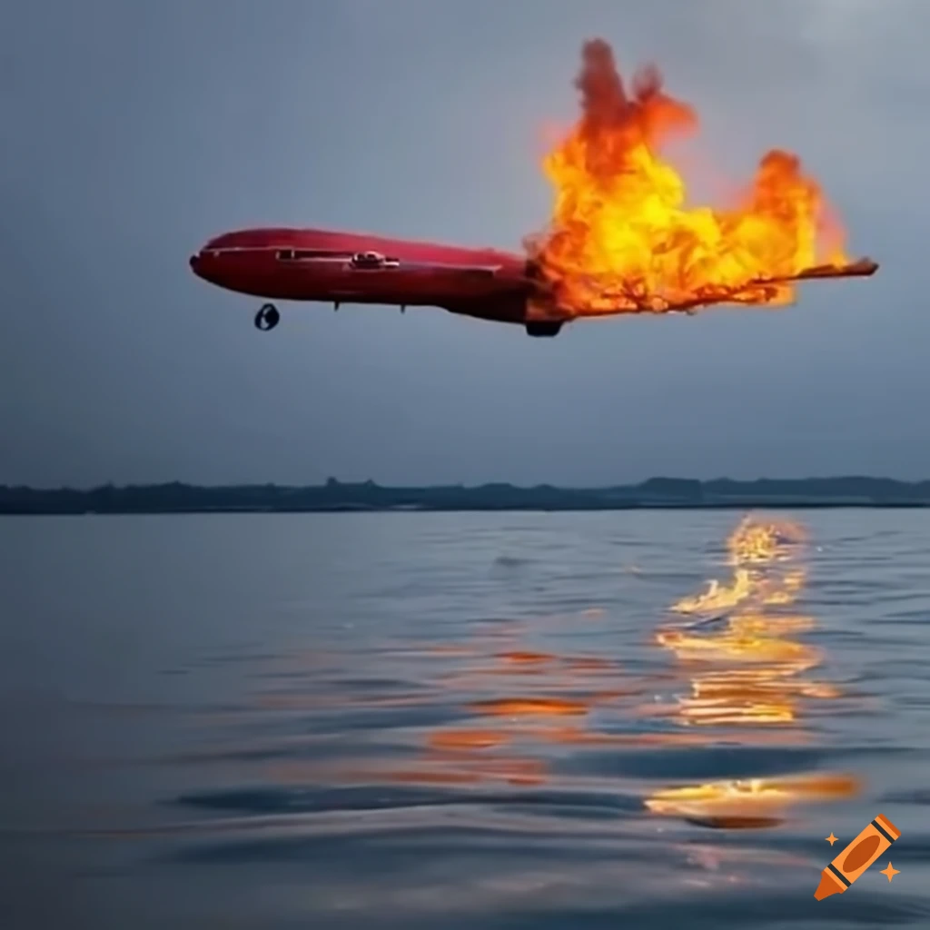 Burning plane floating on water on Craiyon