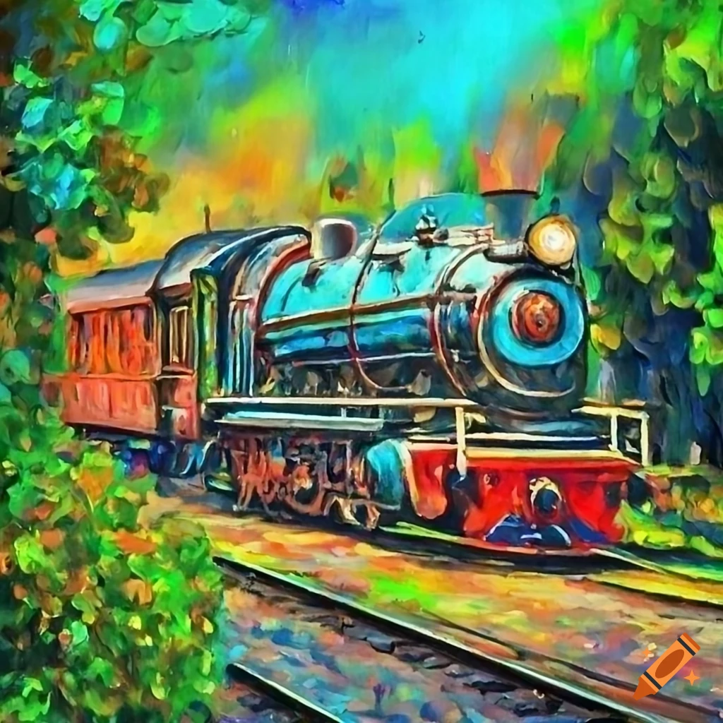 Vintage locomotive at a small village train station surrounded by lush ...