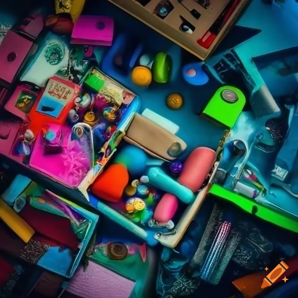 Aerial view of surreal junk drawer with unfamiliar household objects on ...
