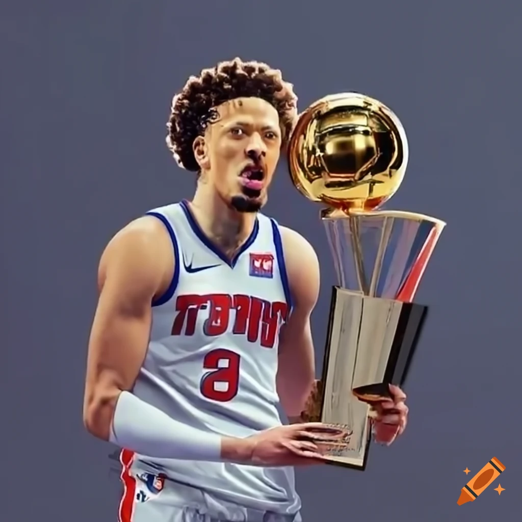 Cade cunningham with nba championship trophy in pistons jersey on Craiyon