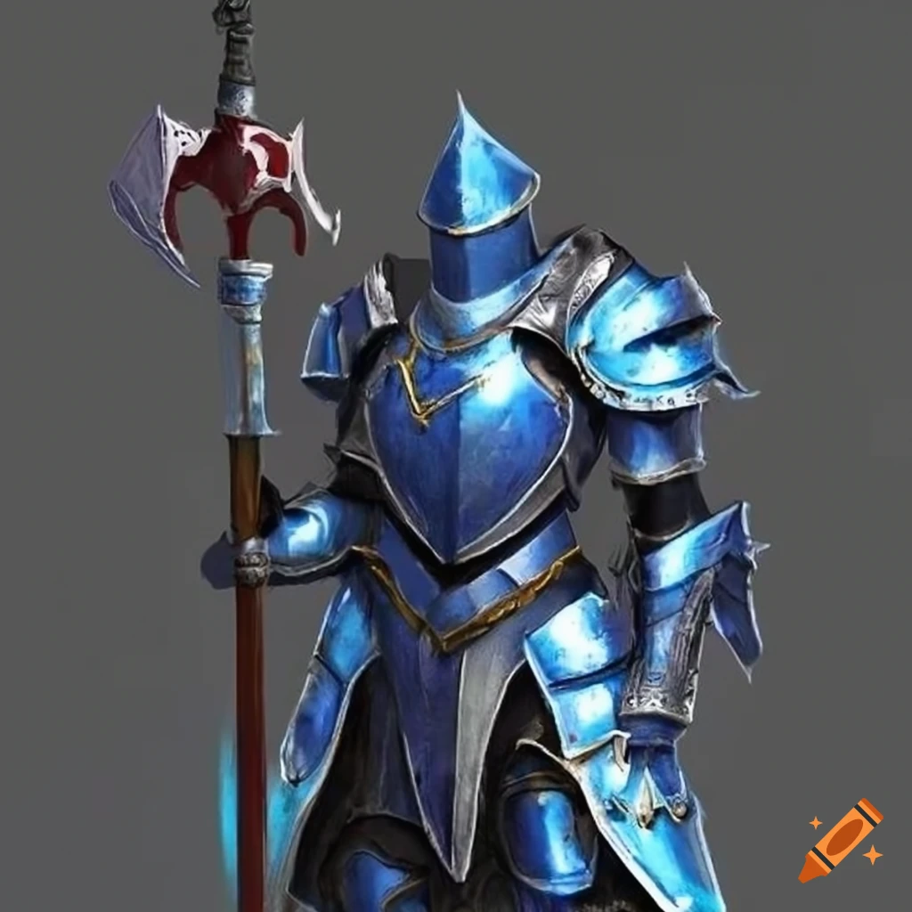 Cobalt blue armored knight with a long red halberd on Craiyon