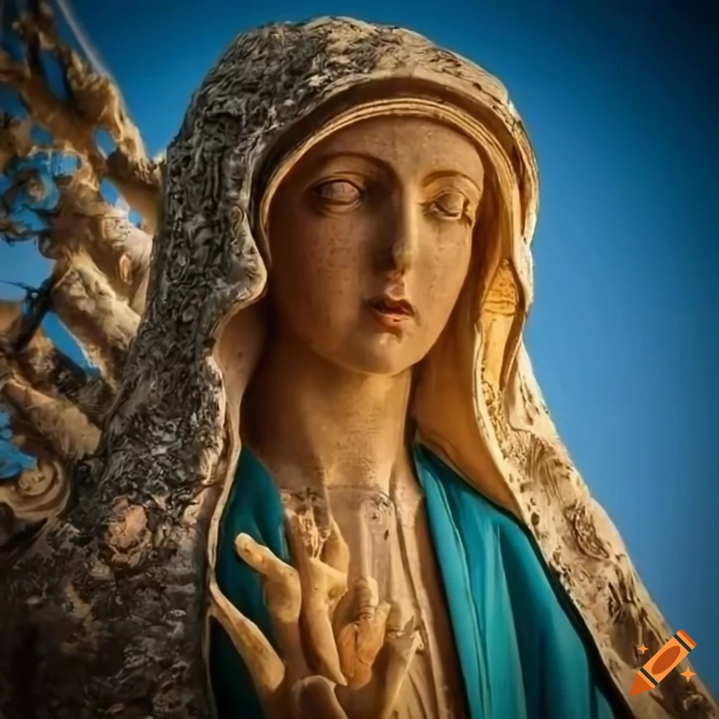 Sculpture of the virgin mother maria inside a detailed tree on Craiyon