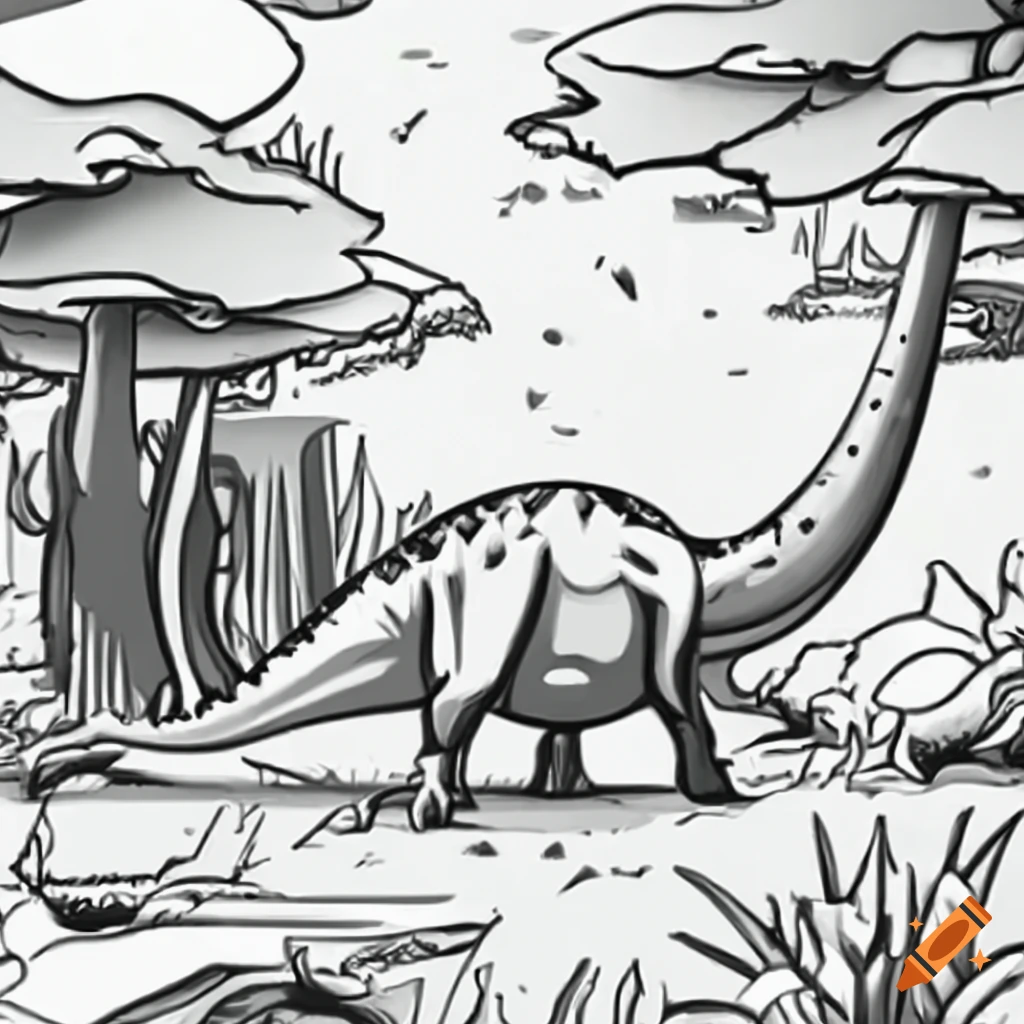 Outline of dinosaurs in a prehistorical landscape on Craiyon