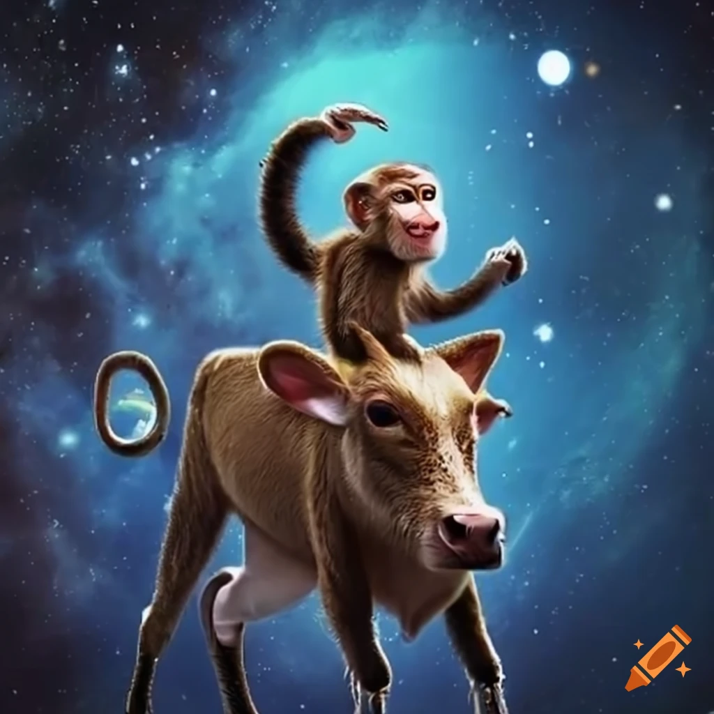 Monkey riding a flying cow in space on Craiyon