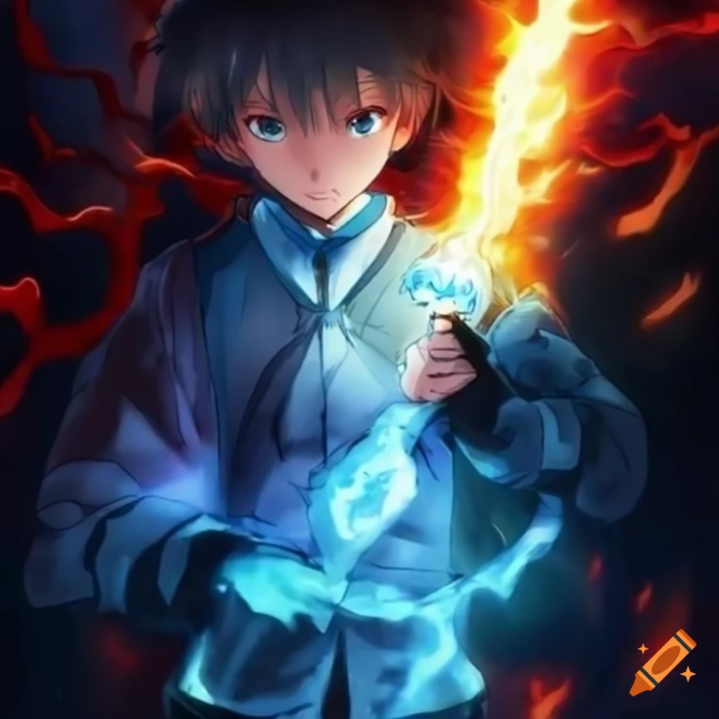 Boy with ice and flame powers in anime style on Craiyon