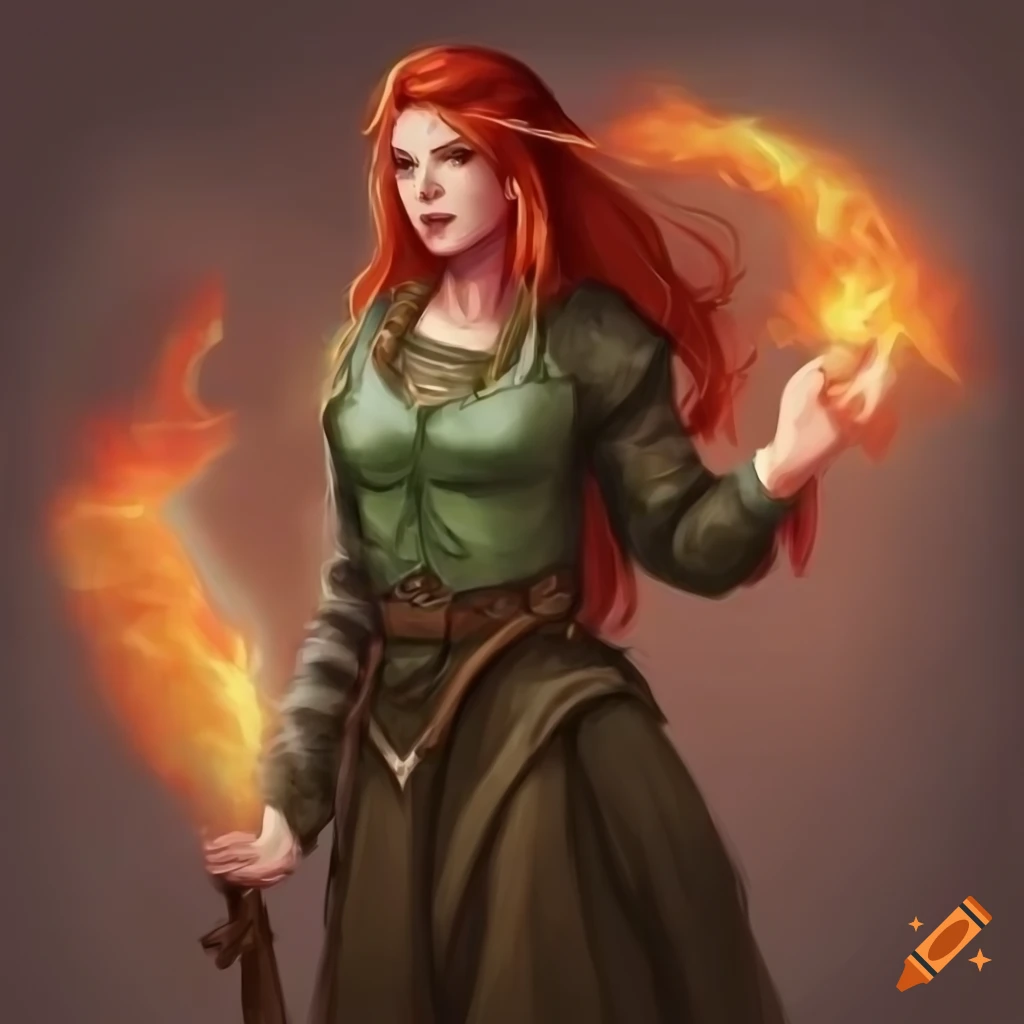 Female half-elf druid with long red hair and fur coat holding a wooden ...