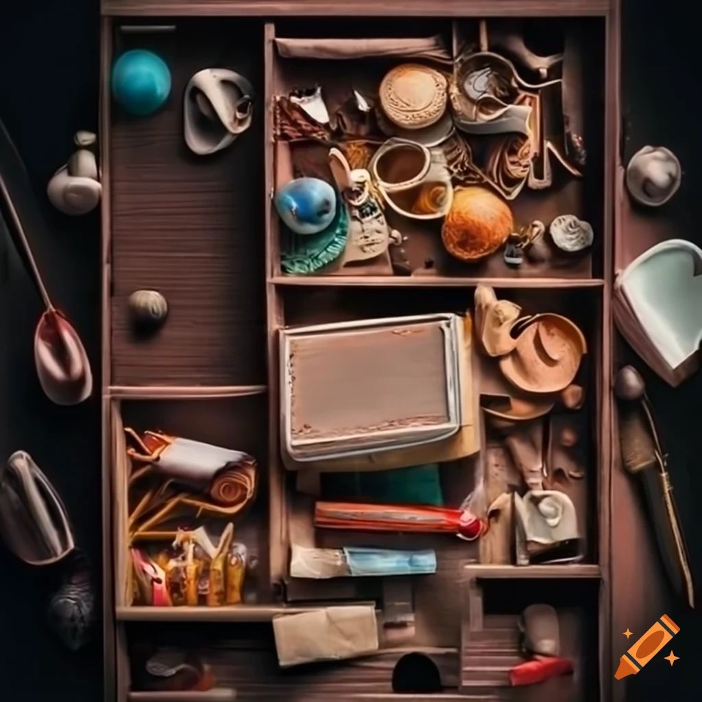 Aerial view of surreal household objects in a junk drawer on Craiyon
