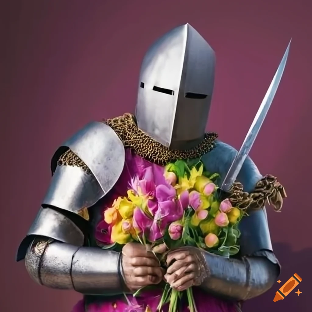 Medieval knight holding a sword with a colorful sweet pea bouquet on ...