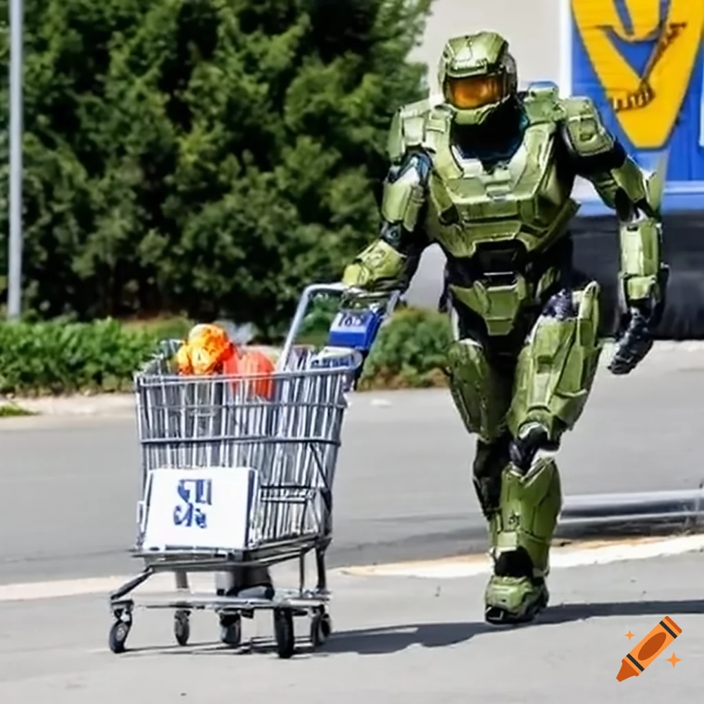 Elderly man in halo master chief costume running with a shopping cart ...