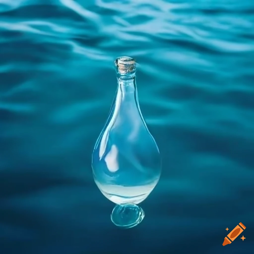 Beautiful glass bottle floating on calm blue ocean on Craiyon