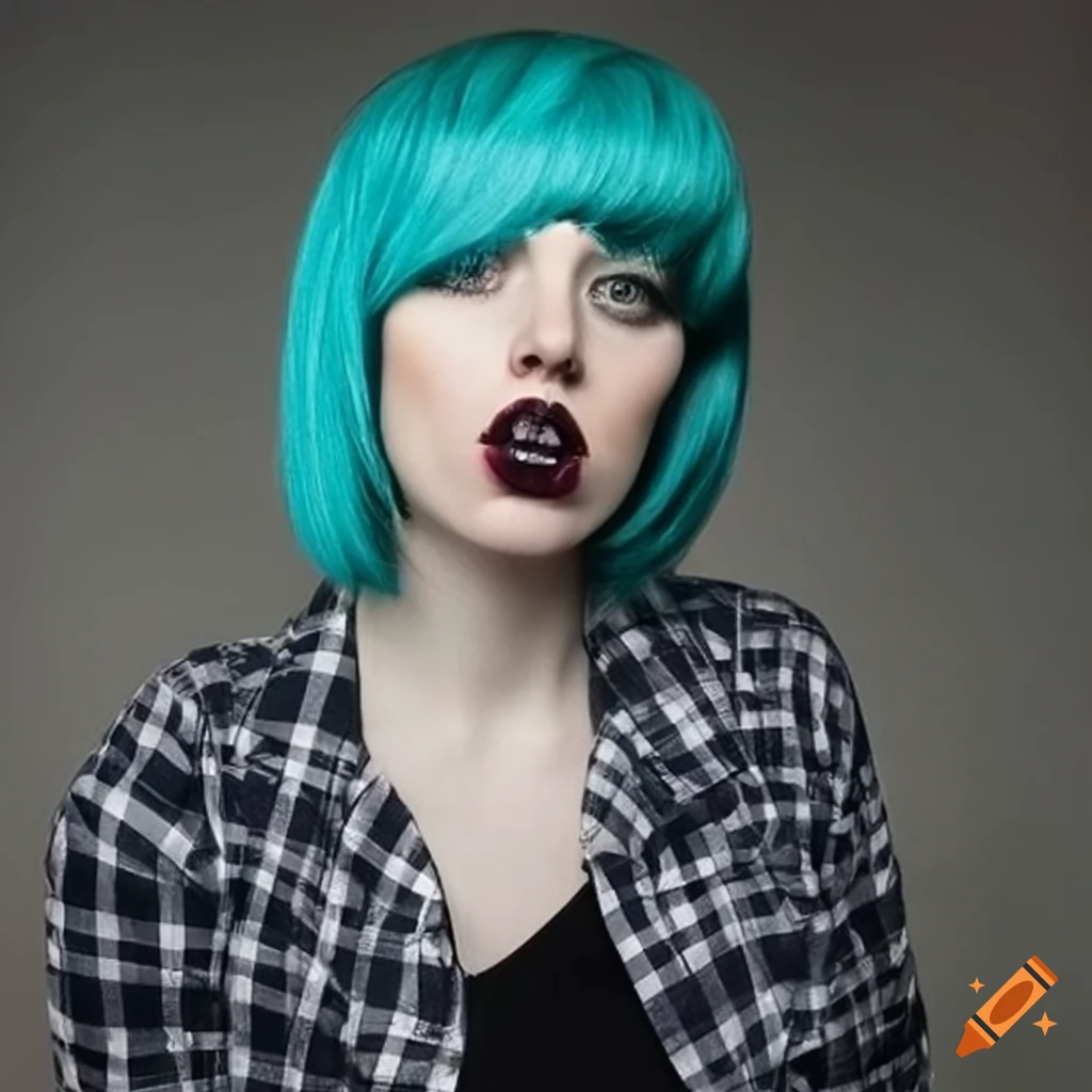 Lucy anne kerr with rockabilly teal bob hair and scared expression on ...