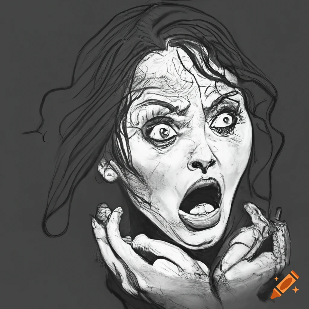 Dynamic black and white drawing of a scared woman in the style of frank ...