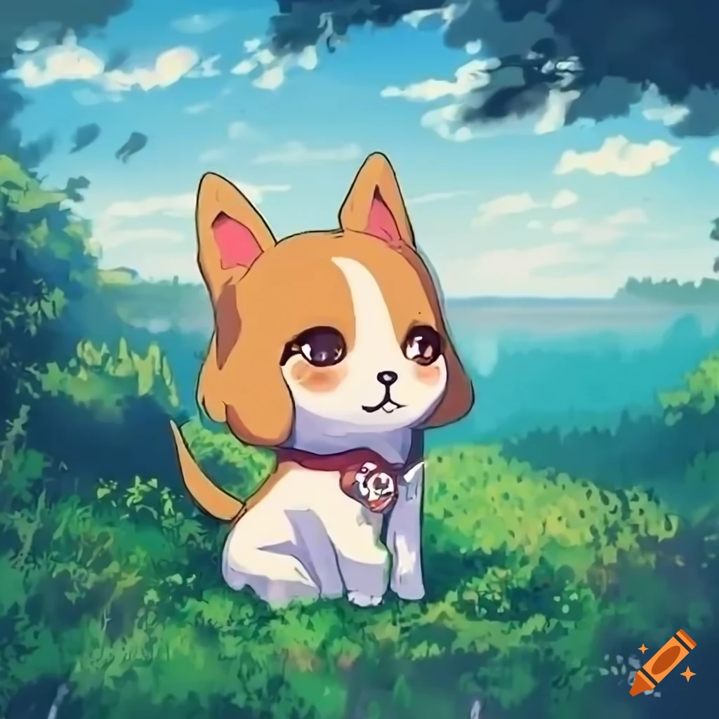 Chibi dog in scenic countryside in classic anime style on Craiyon