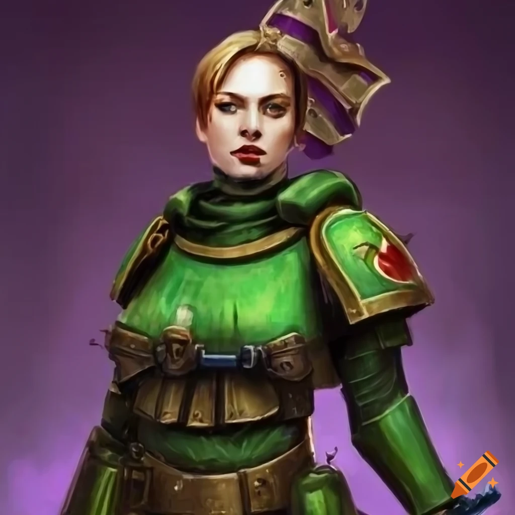 Female cadian imperial guard from warhammer 40k in green armor with ...