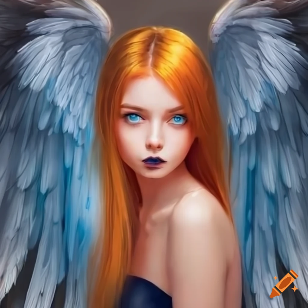 Girl with long light orange hair and angel wings on Craiyon