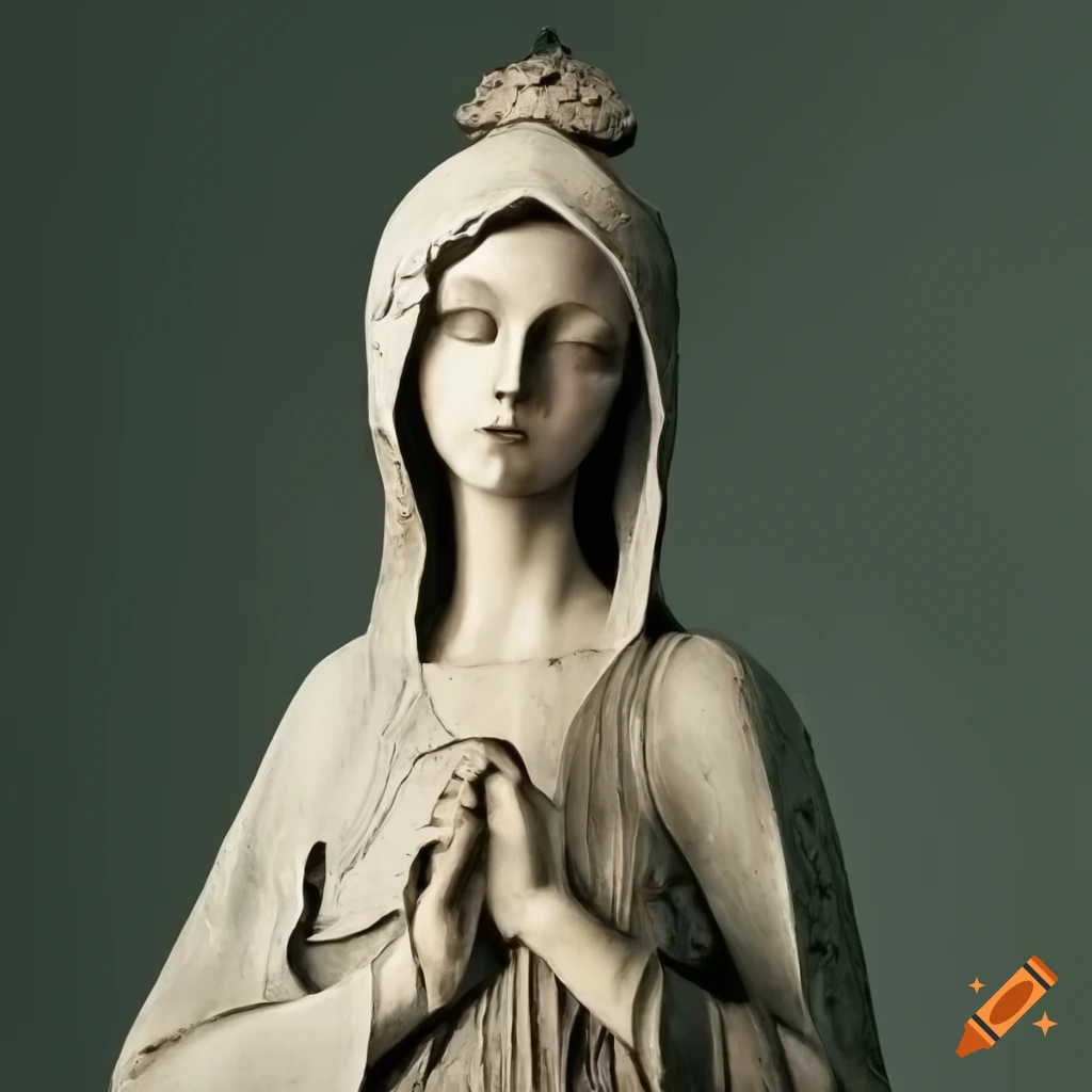 Sculpture of the virgin mary carved into a large tree on Craiyon