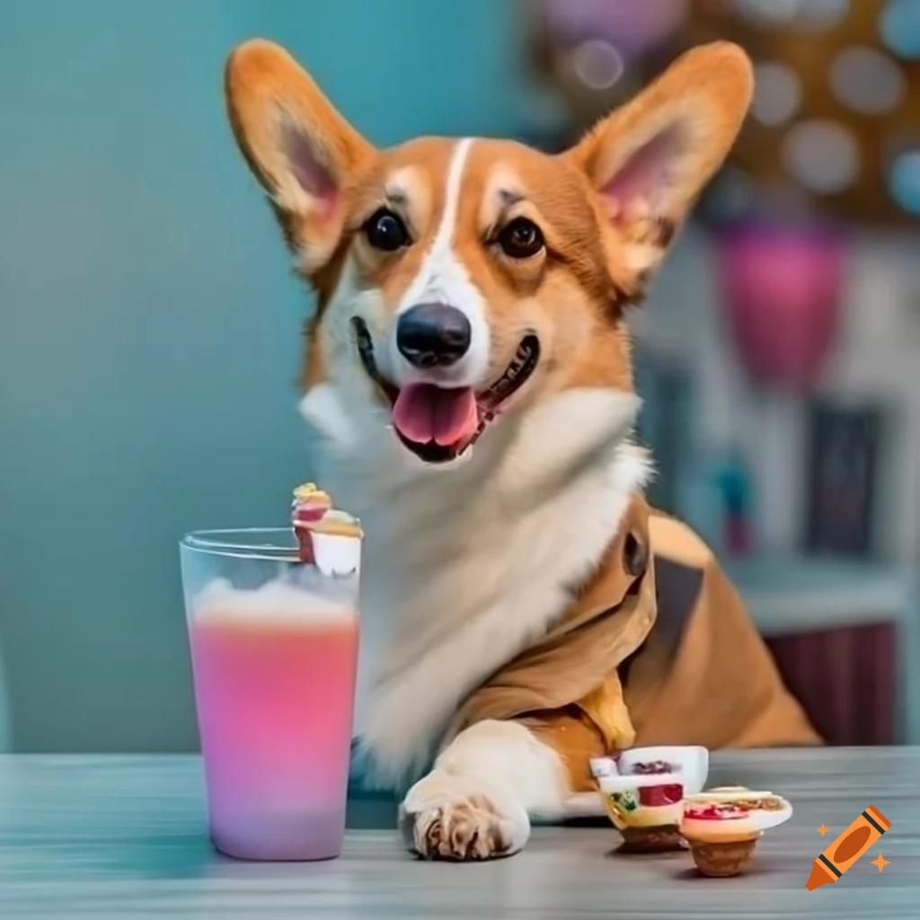 Corgi enjoying bubble tea and treats at a colorful cafe on Craiyon