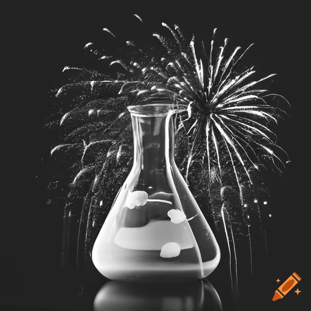 Black and white image of erlenmeyer flasks with fireworks reflection on ...