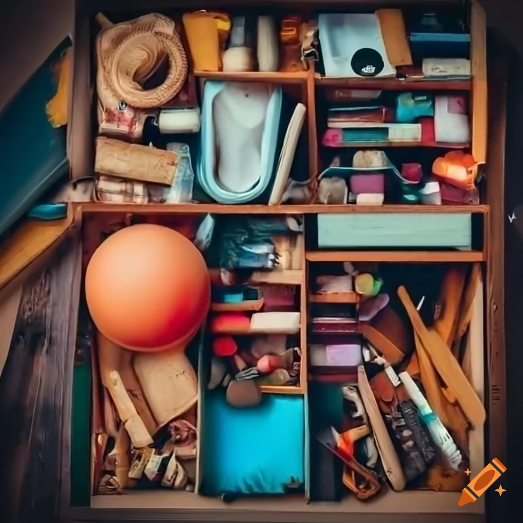 Aerial view of a cluttered junk drawer with various household objects on Craiyon