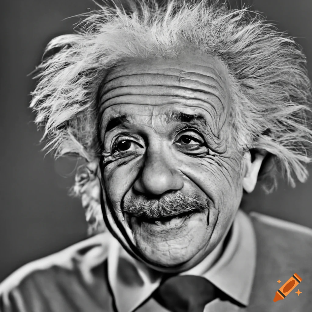 Black and white image of albert einstein laughing on Craiyon