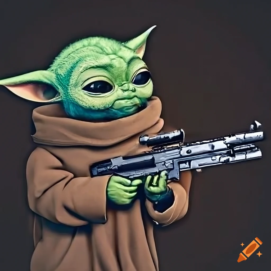 Cute baby yoda with automatic weapons on Craiyon