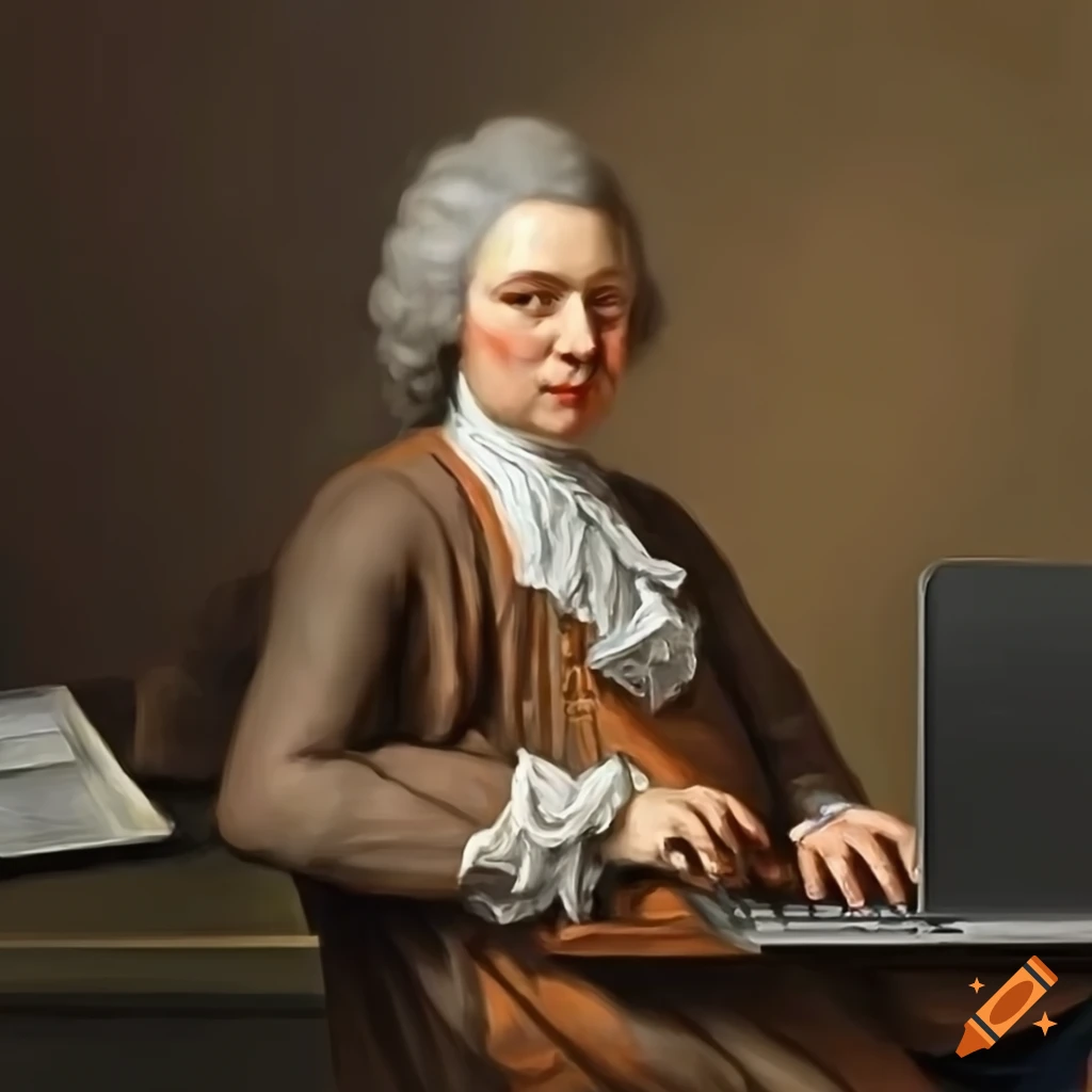 Oil painting of a computer developer working on a laptop in the 1700s ...