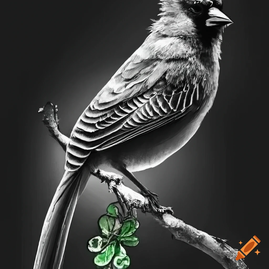 Black and white tattoo design of a red cardinal bird on a branch with ...