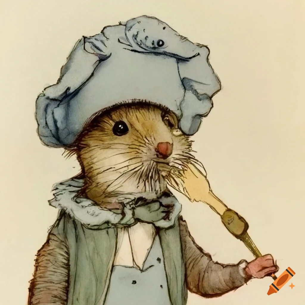 Rat chef with spatula against white background, ink and watercolor ...