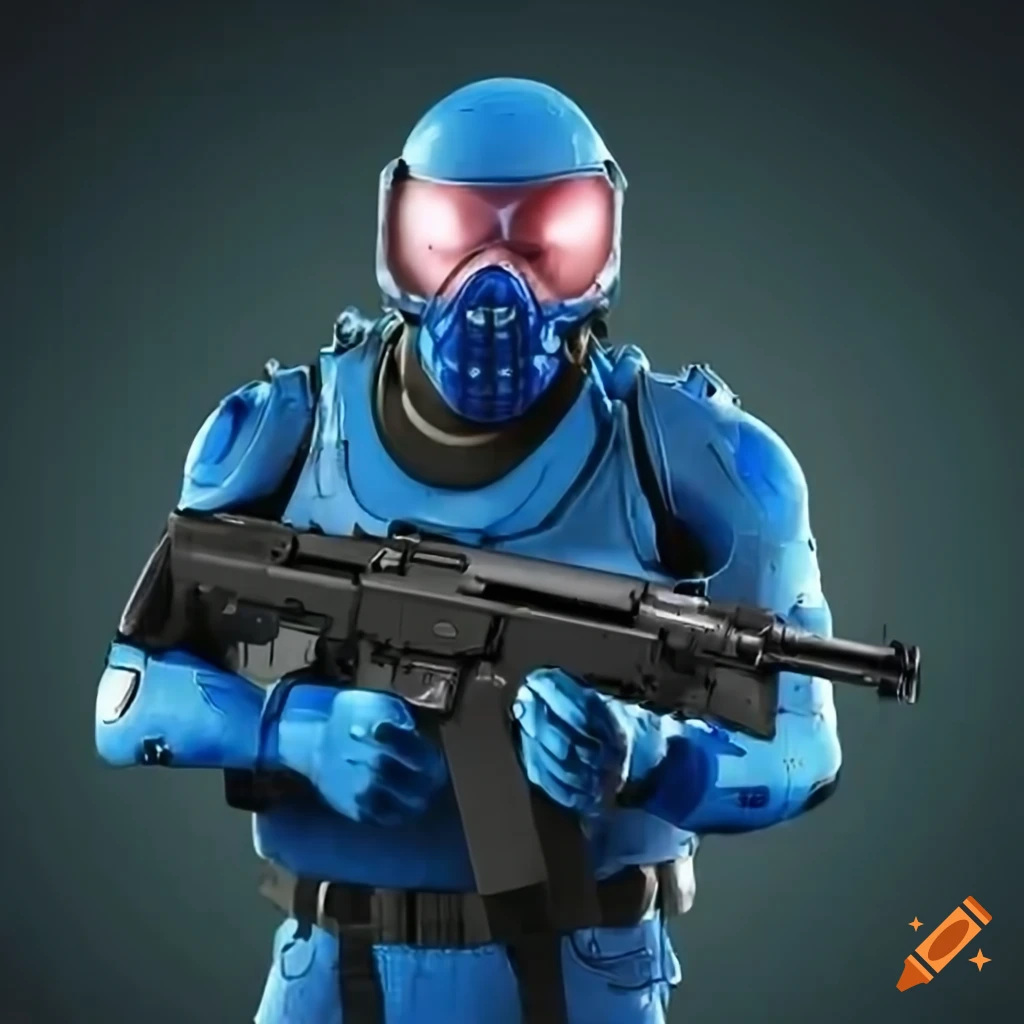 Futuristic soldier recruit in blue uniform holding a rifle on Craiyon