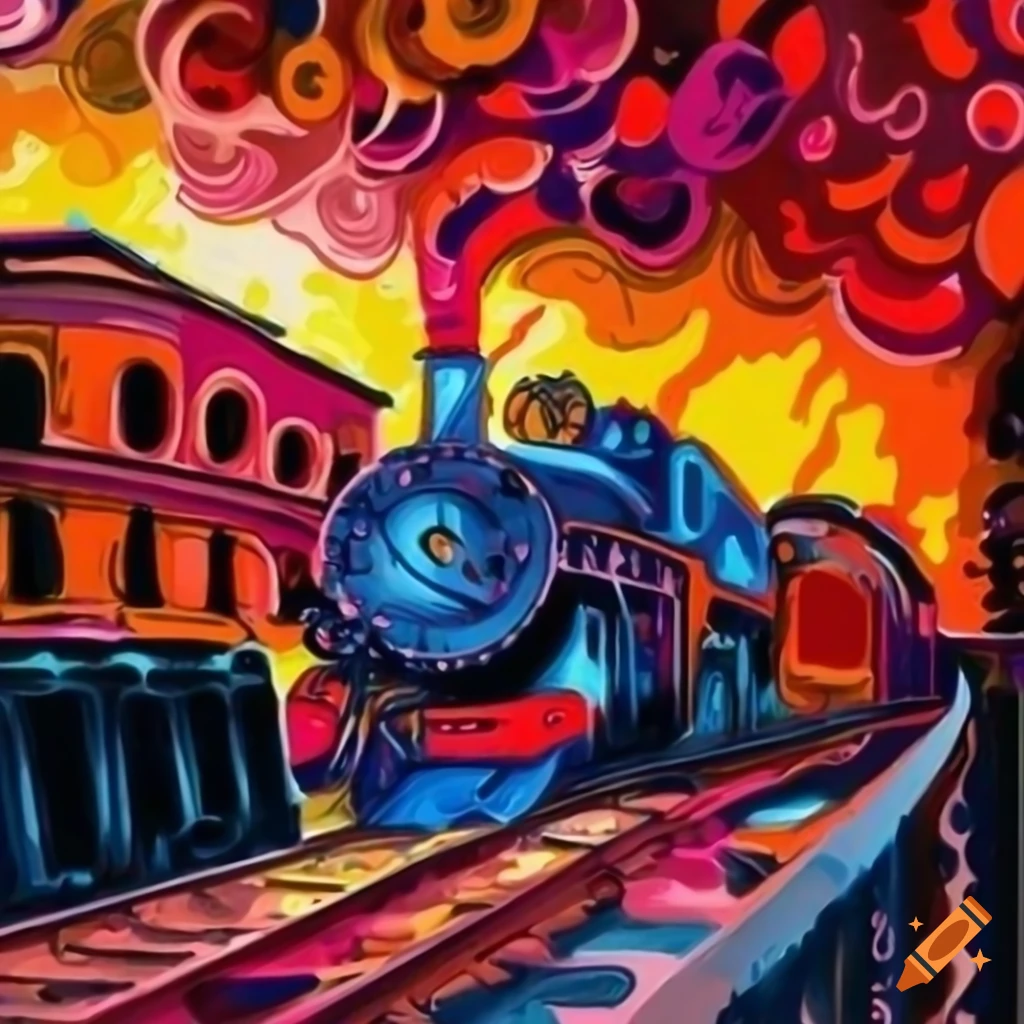 Steam train near the pantheon in rainy weather, abstract art on Craiyon