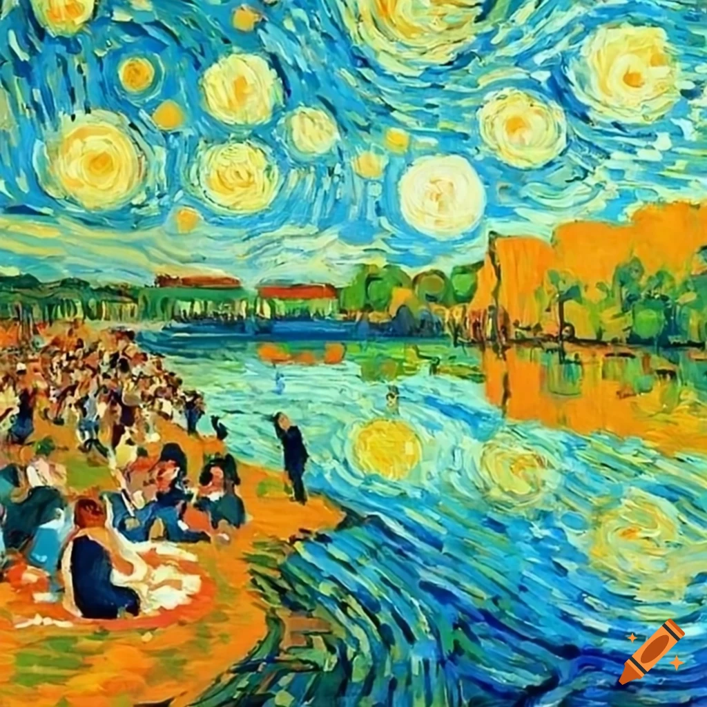 Music festival crowd enjoying music by a lake, van gogh style painting ...